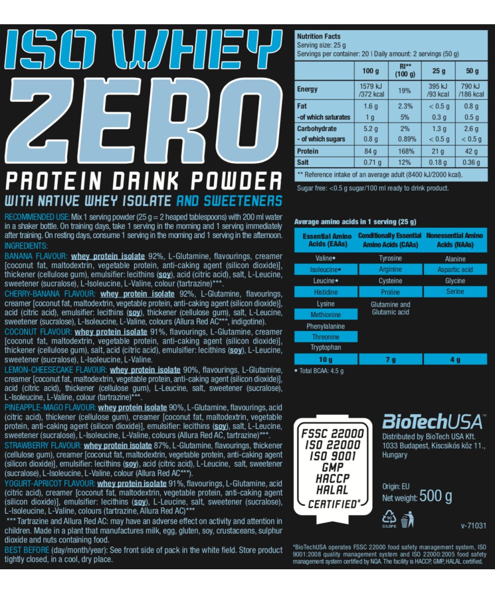 Iso Whey Zero BioTechUSA - Isolat de Whey Premium Sans Lactose